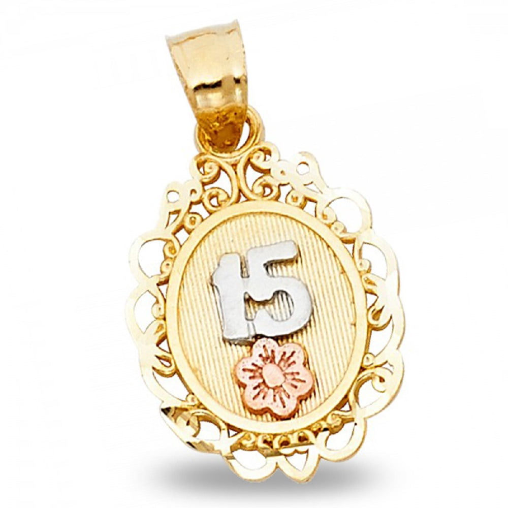 Solid 14k Yellow White Rose Gold 15 Birthday Pendant Quinceanera Medal ...