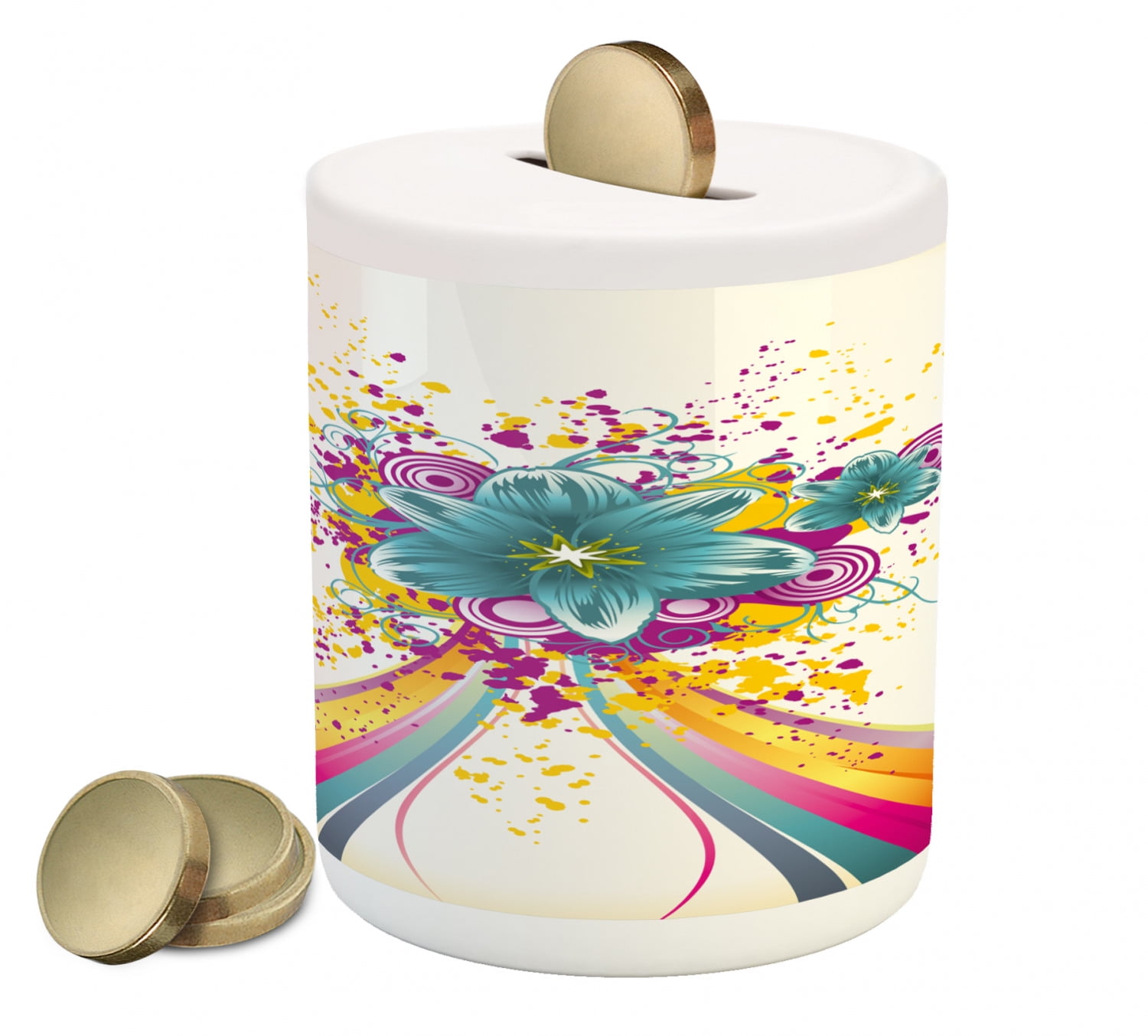 Modern Piggy Bank, Rainbow Colored Image with Bold Lines and Flowers ...