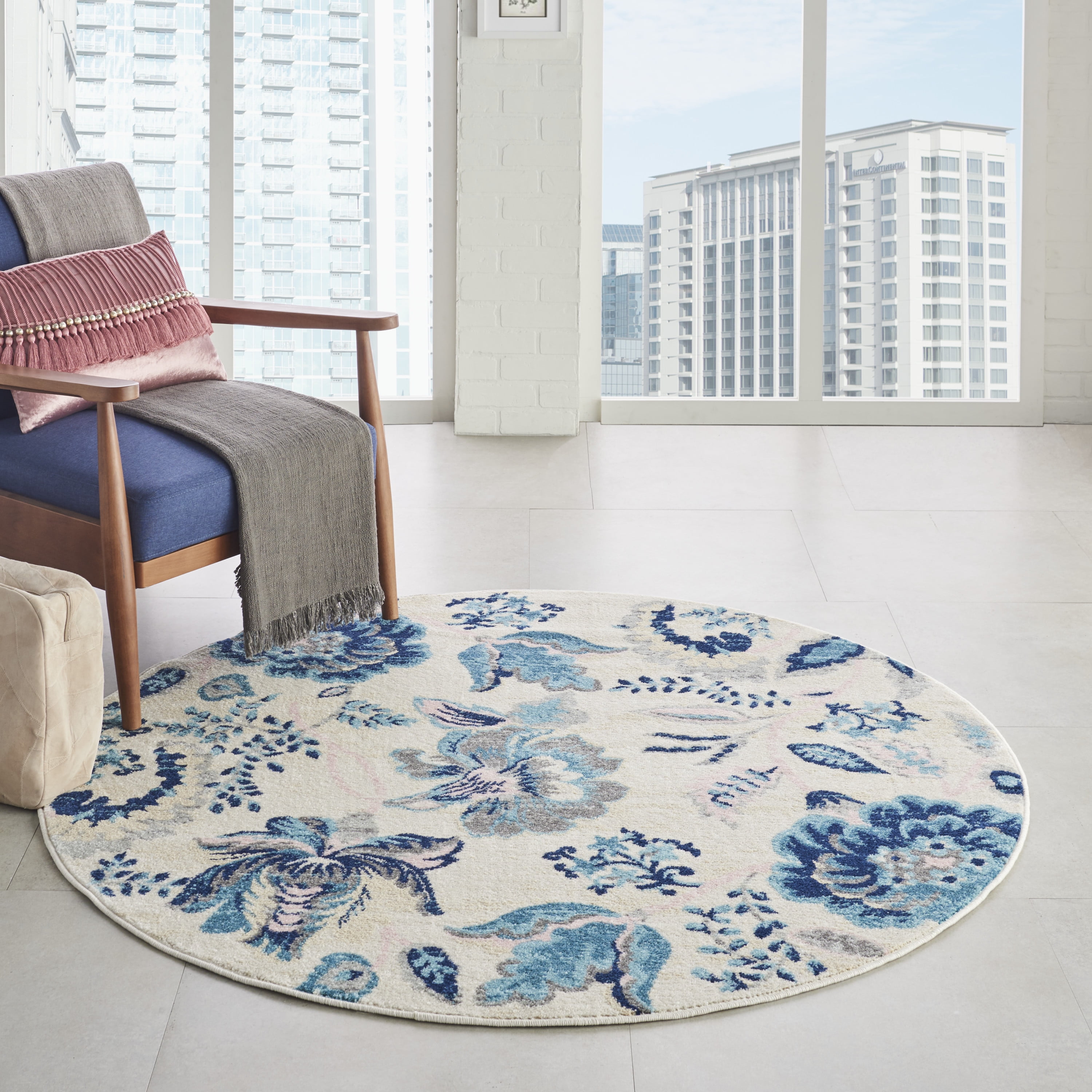 Nourison Tranquil Floral Ivory/Light Blue 5'3" x ROUND Area Rug, (5 ...