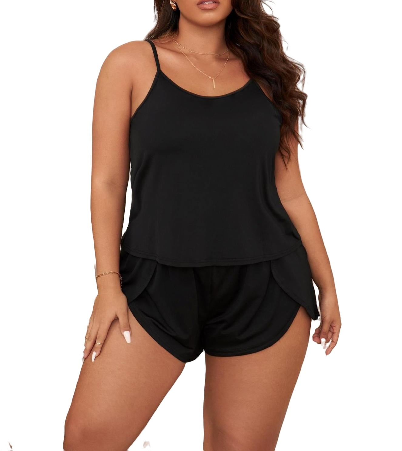 Solid Cami Short Sets Sleeveless Black Plus Pajama Sets (Women's ...
