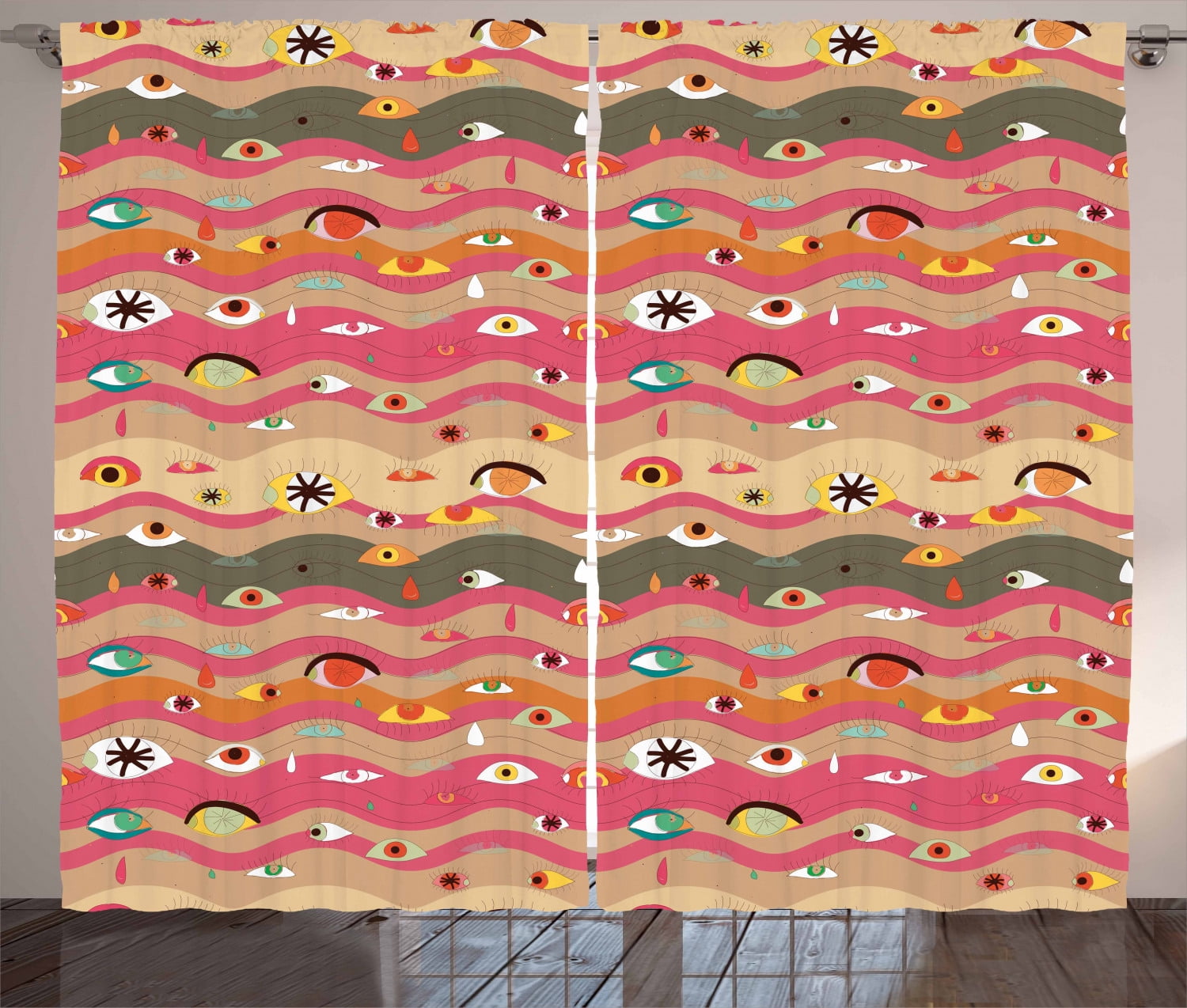Eye Curtains 2 Panels Set, Psychedelic Groovy Abstract Composition with ...