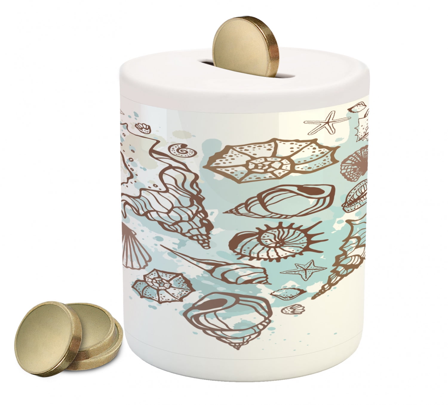 Nautical Piggy Bank, Hand Drawn Seashells Scallop Starfish Whelk Ocean ...
