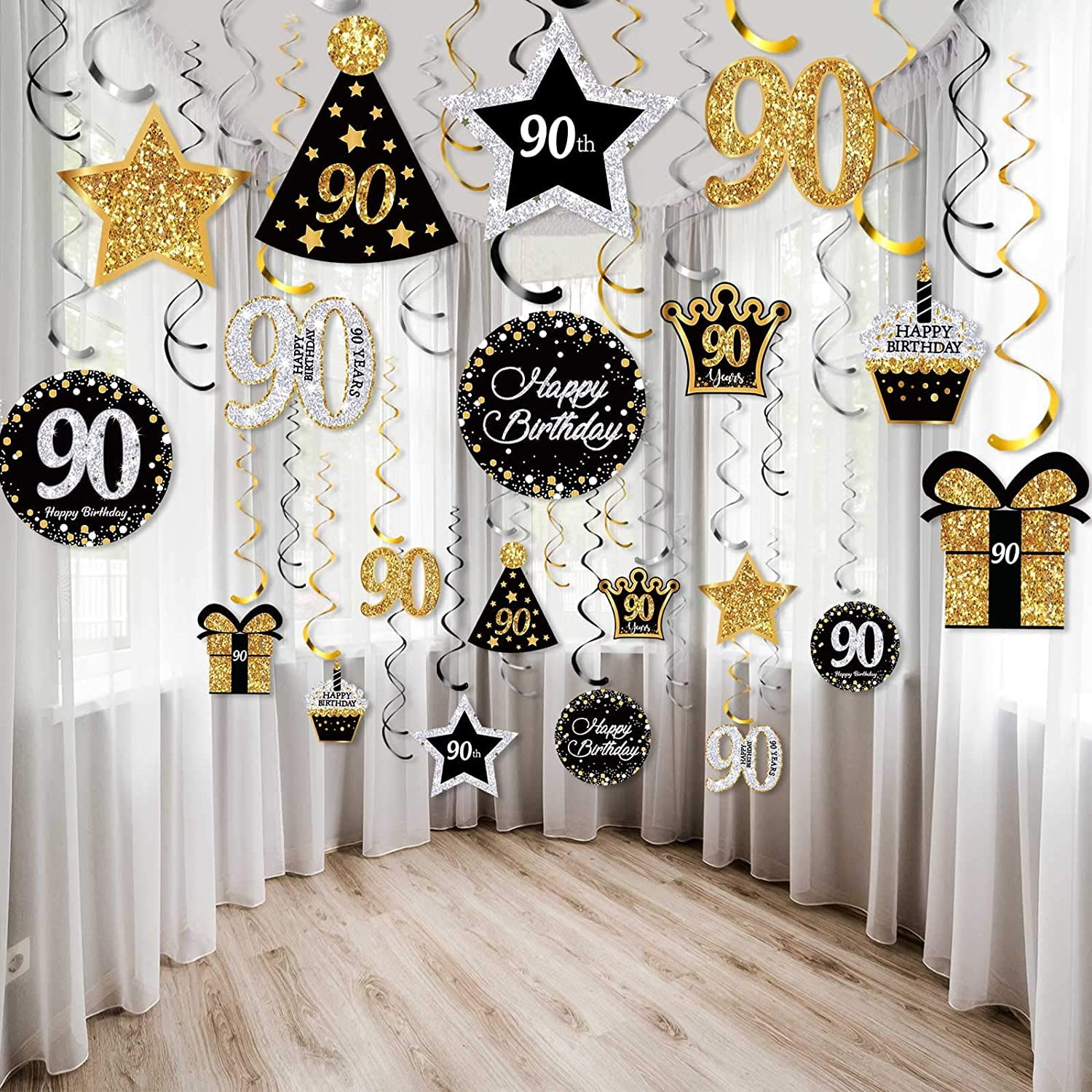 Party Supplies 90 Years Glitter Black Party Hanging Swirls Ceiling ...