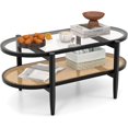 General Rattan Coffee Table, 2-Tier Oval Wood Tea Table with Tempered ...