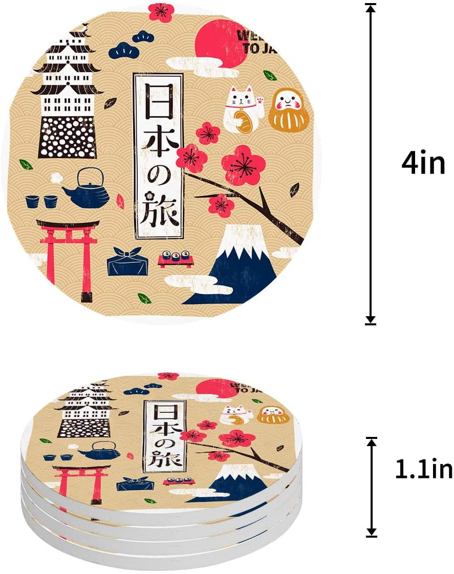 FMSHPON Travel Temple Culture Hand Drawn Illustration Set of 4 Round ...