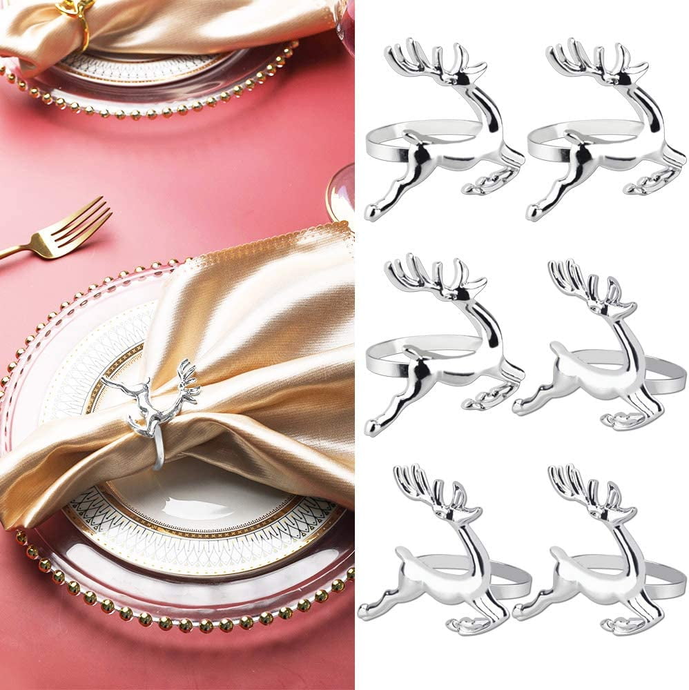 BUZIFU Christmas Napkin Rings Holder,Silver Napkin Rings,6 Piece Elk ...