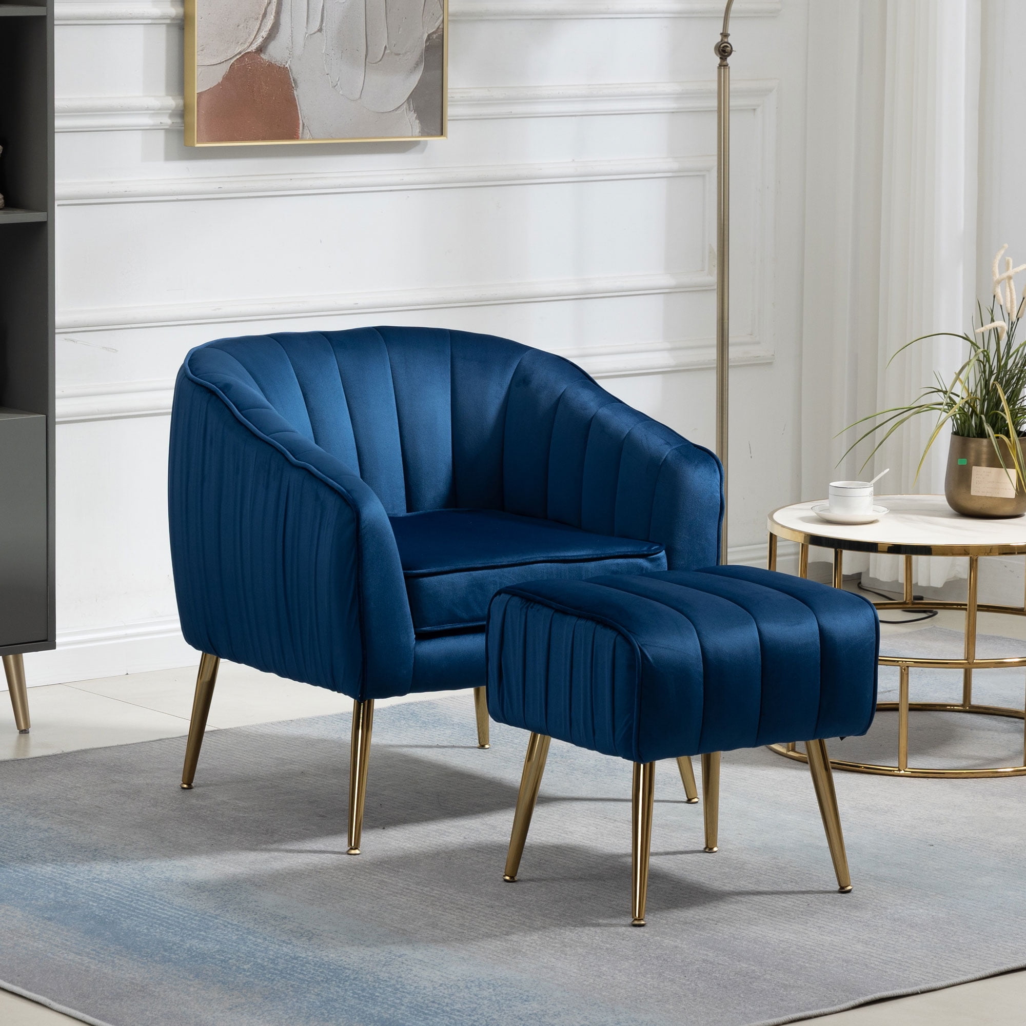 Velvet Modern Tub Barrel Arm Chair with Ottoman, Upholstered Tufted ...