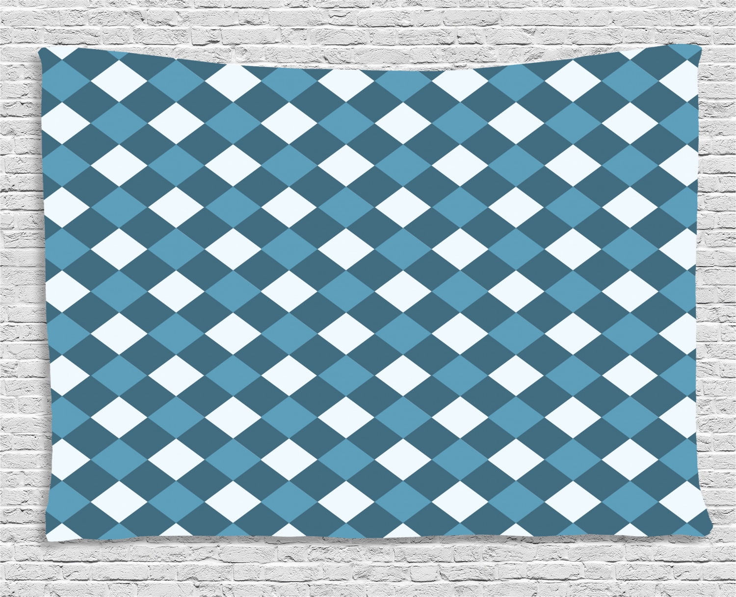 Blue and White Tapestry, Mosaic Design Checkered Rhombuses Grid Gingham ...