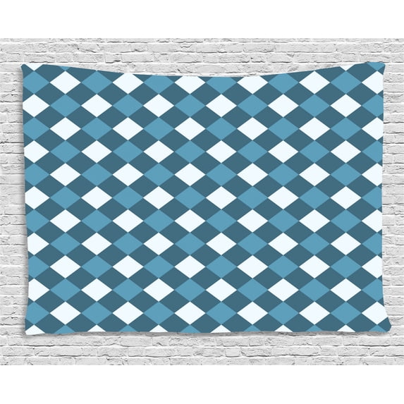 Blue and White Tapestry, Mosaic Design Checkered Rhombuses Grid Gingham ...