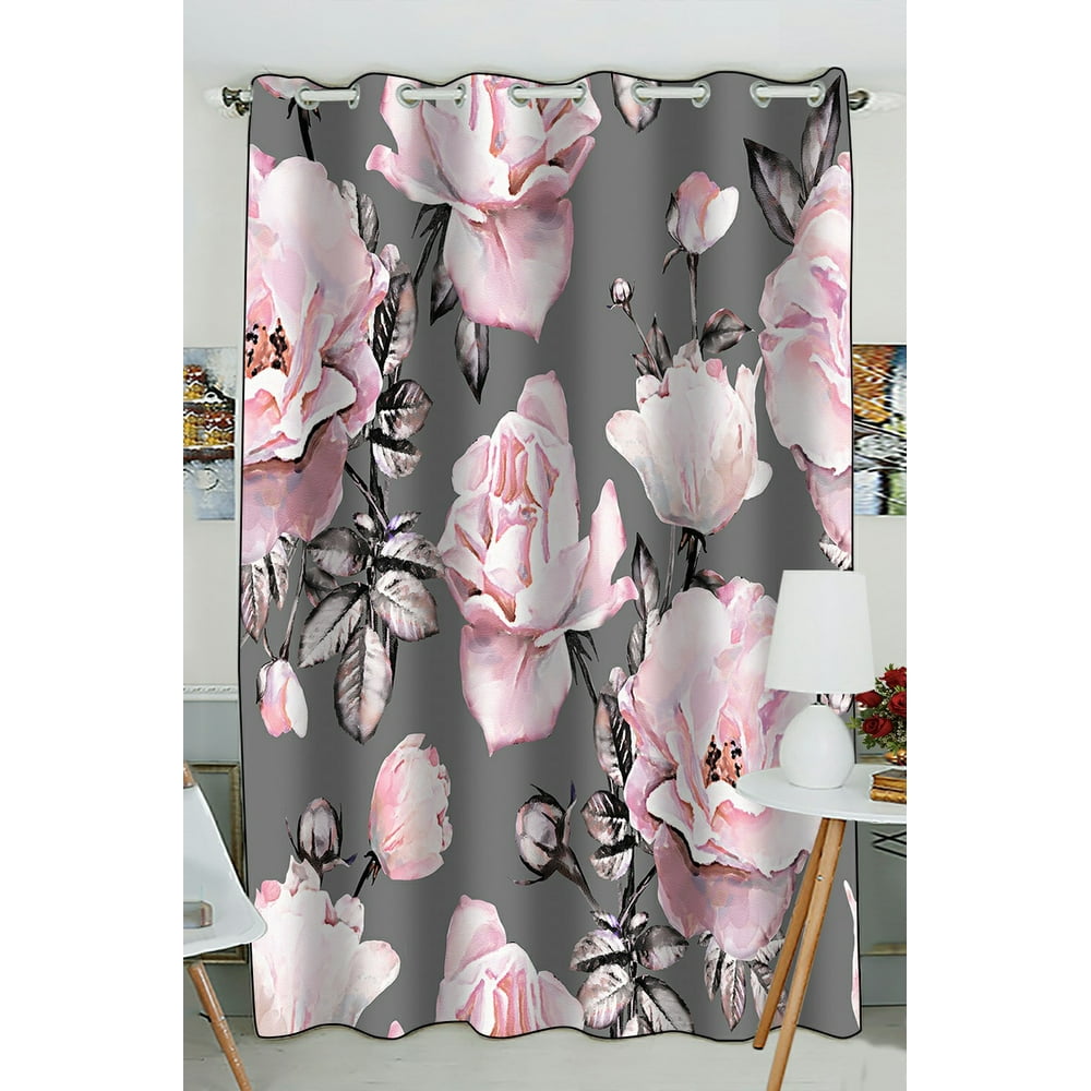 ABPHQTO Pink Flowers Leaves On Gray Window Curtain Kitchen Curtain ...