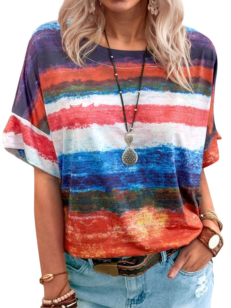 Nlife Women Tie Dye Colorblock Stripe Crew Neck Short Sleeves Shirt ...