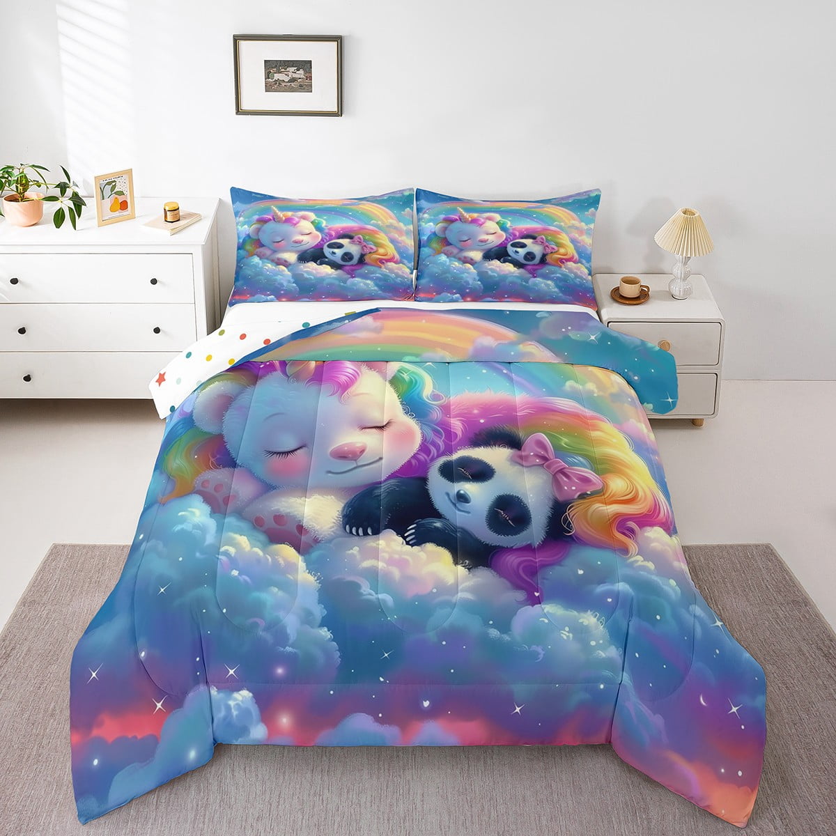 Unicorn Girl Panda Twin Size Comforter Set for All Seasons,Rainbow ...