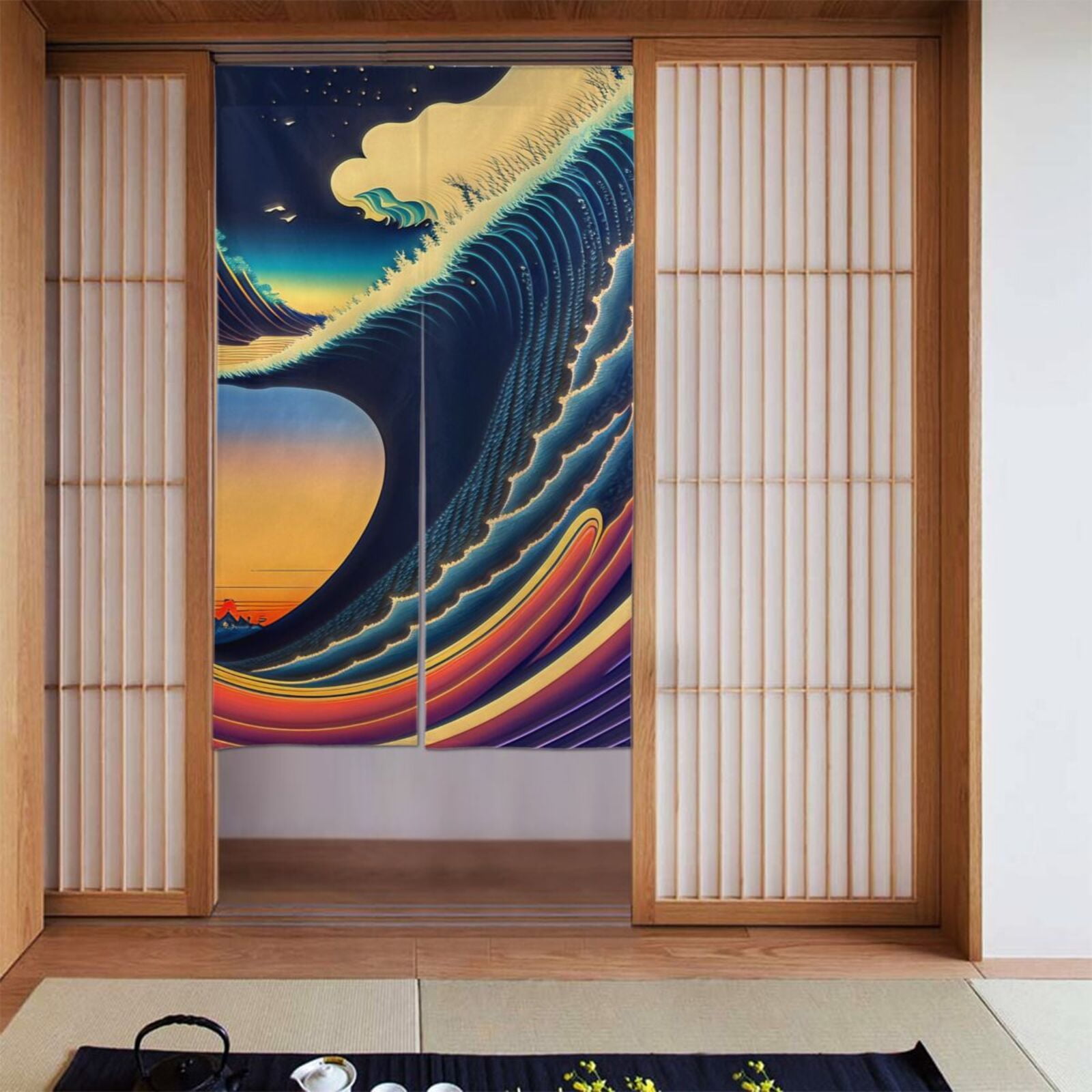 Doorway Drape Split Curtains, Japanese Style Ocean Wave Room Divider ...