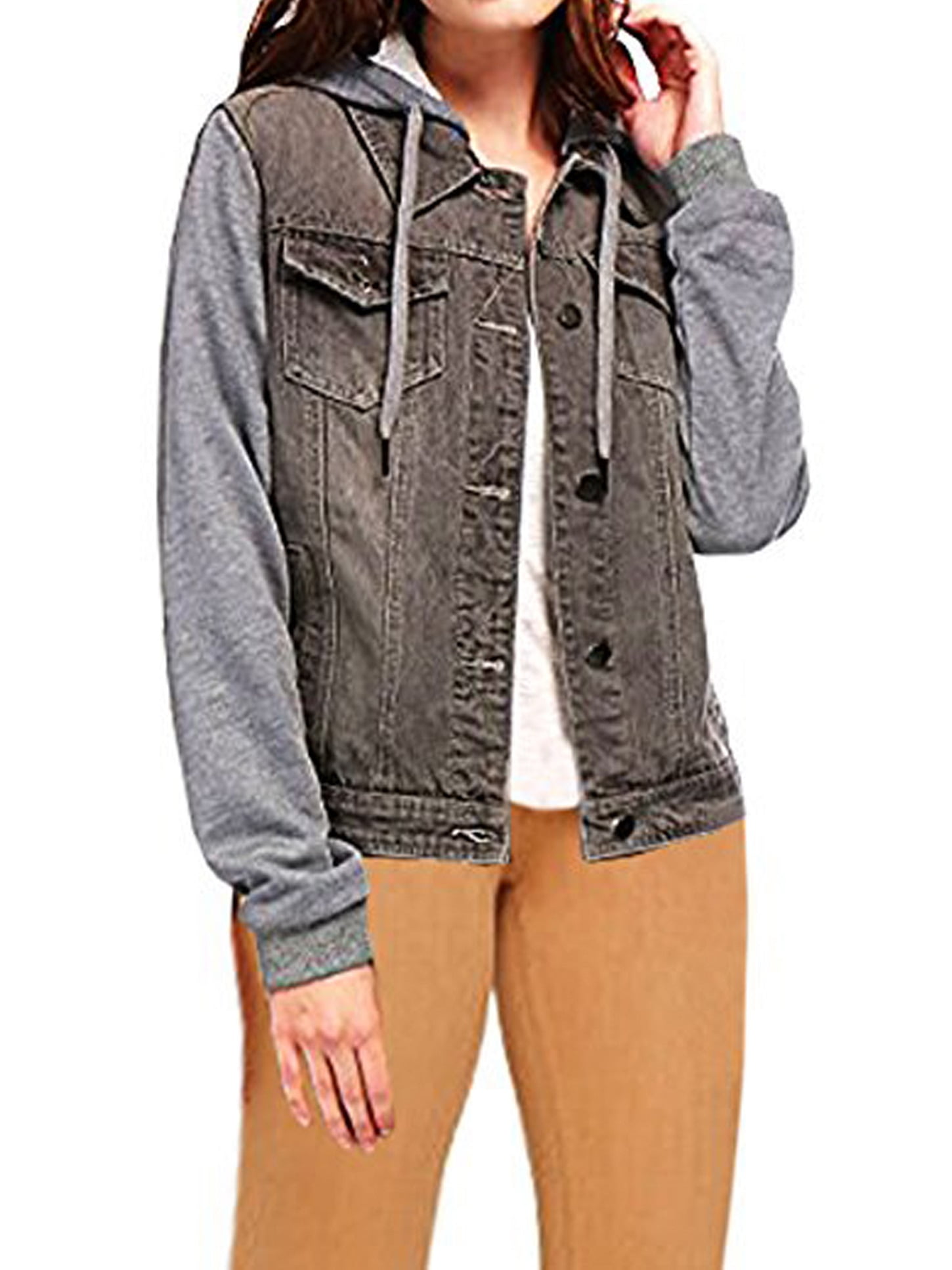 SKYLINEWEARS Women Hooded Denim Jacket Long Sleeve Layered Drawstring ...