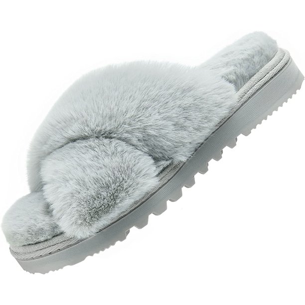 LORDFON Open Toe Cross Band Fuzzy Womens Slippers Fluffy House Slippers with Memory Foam ...