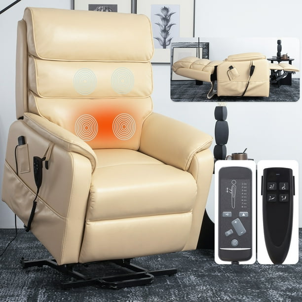 Dual Motor Lift Recliner with Massage Heating (Ivory Faux Leather-9188 ...