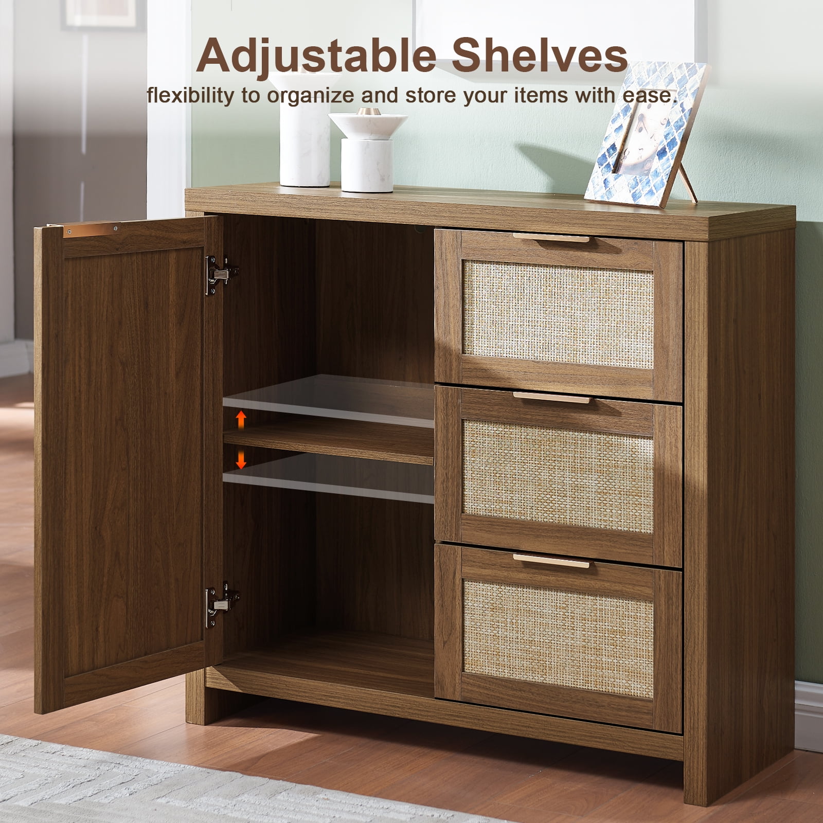 OAKHAM 3 Drawer Storage Cabinet Rattan Sideboard Buffet Boho Entryway Furniture Weathered Oak Walmart