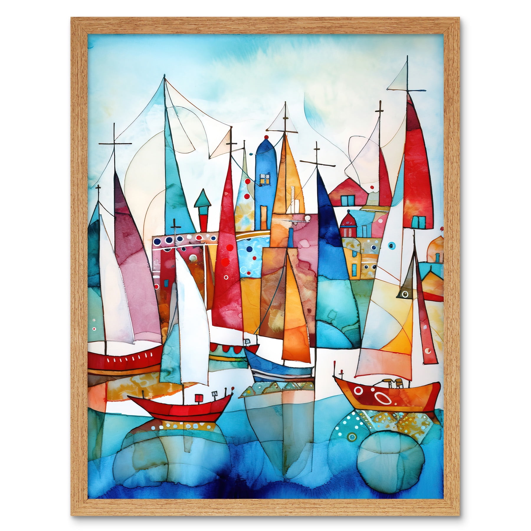 Harbour Boats Abstract Folk Art Watercolour Painting Art Print Framed ...
