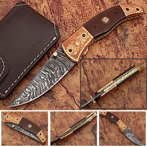 Executive Series Bakelite Folding Damascus Knife Solid Brass ENGRAVED ...