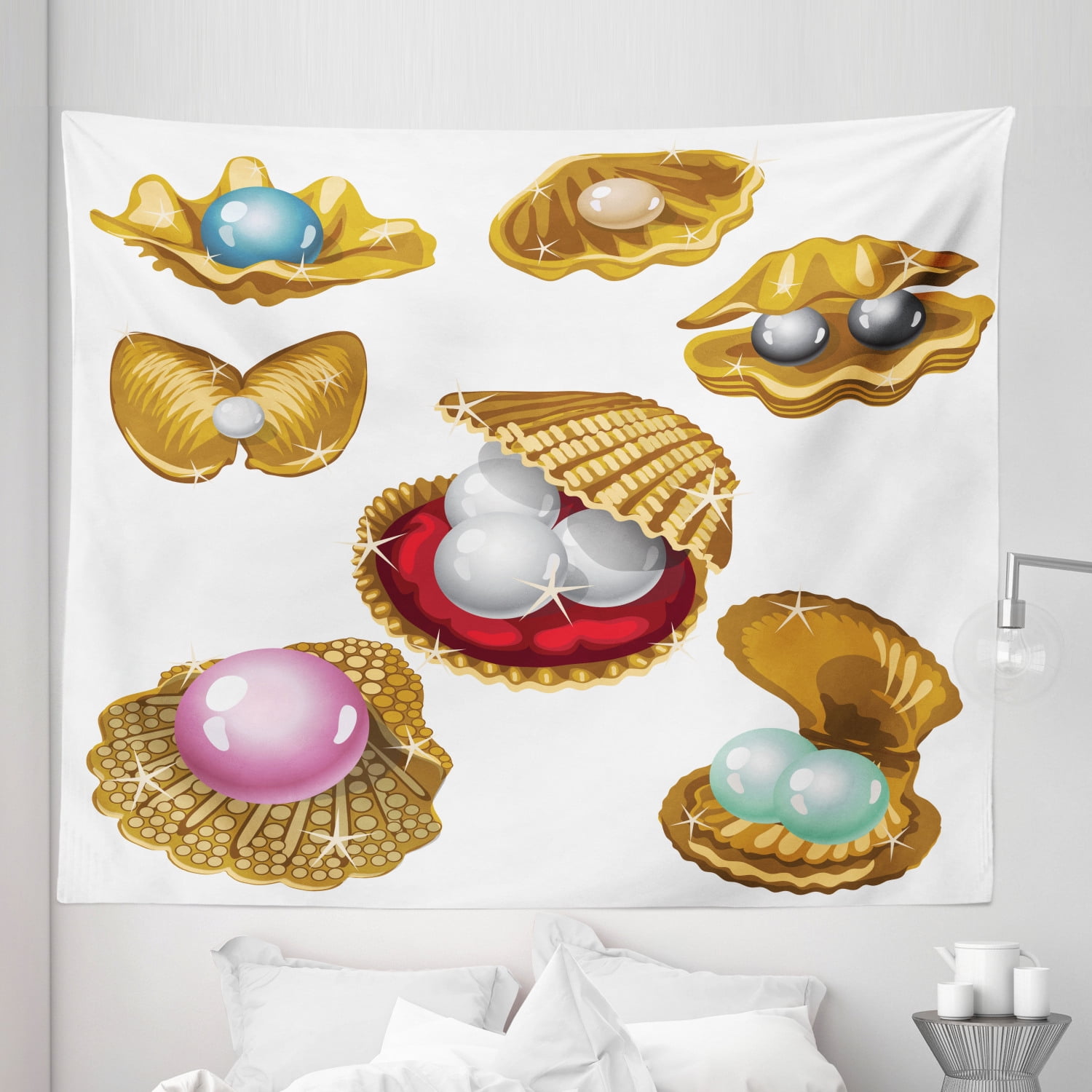 Pearls Tapestry, Open Shells Different Type of Shapes Wealth Gemstone ...