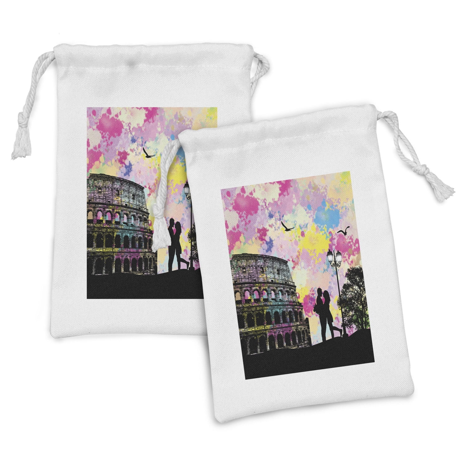 Rome Fabric Pouch Set of 2, Couple Silhouette Love Themed Colosseum ...