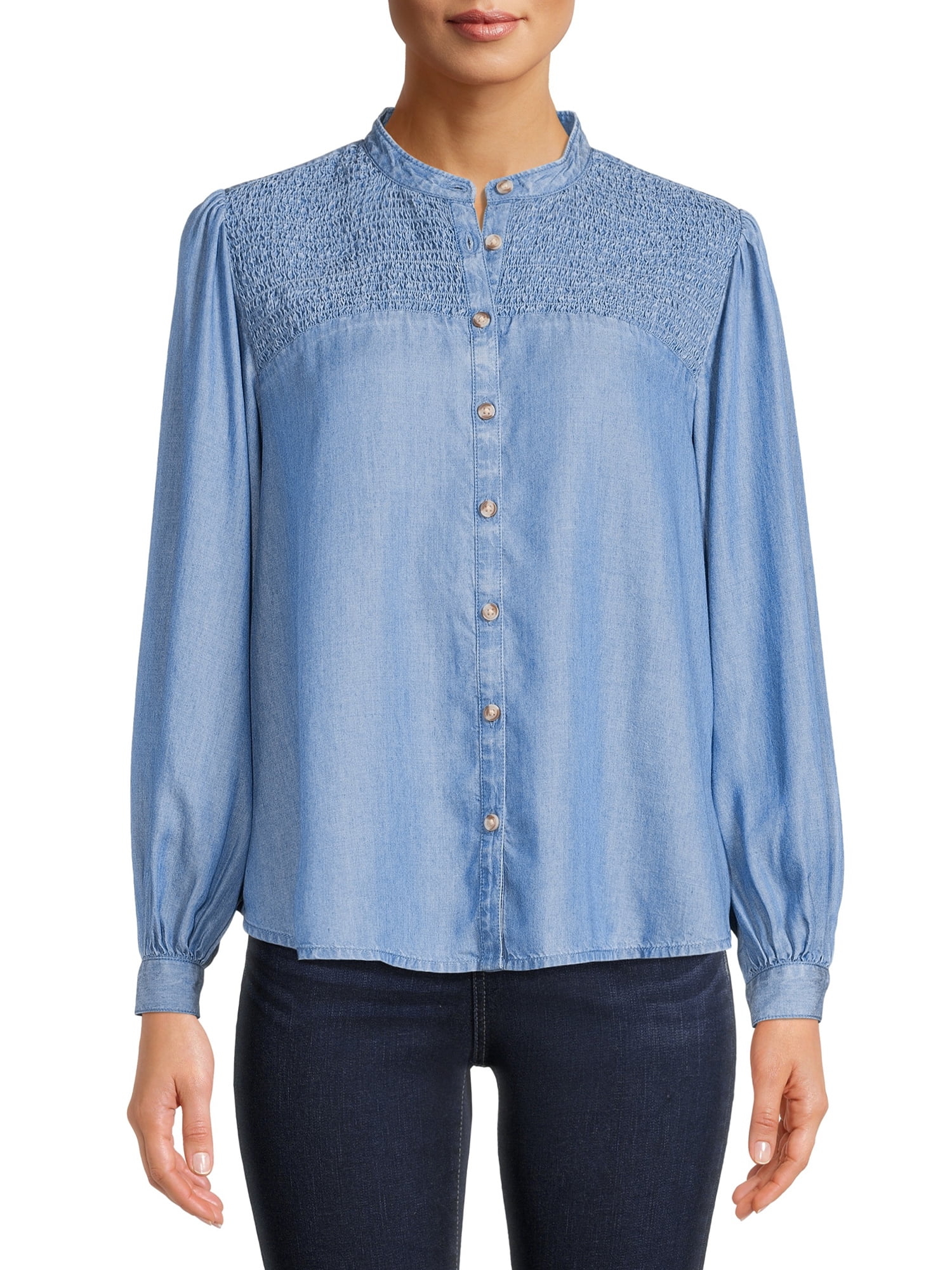 Time and Tru Women's Smocked Button Front Top - Walmart.com