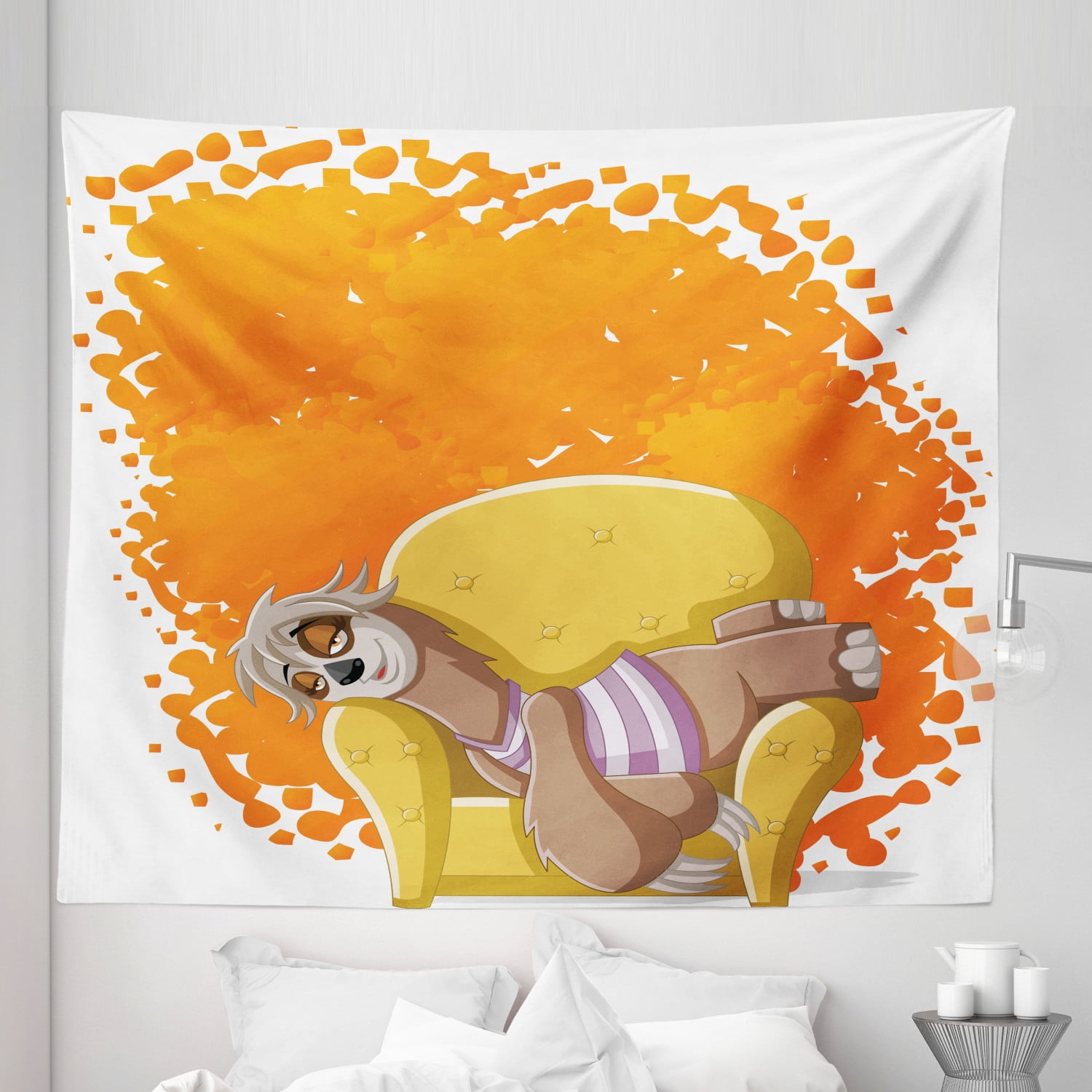 Sloth Tapestry, Lazy Female Cartoon Sloth on Sofa Napping on Couch ...