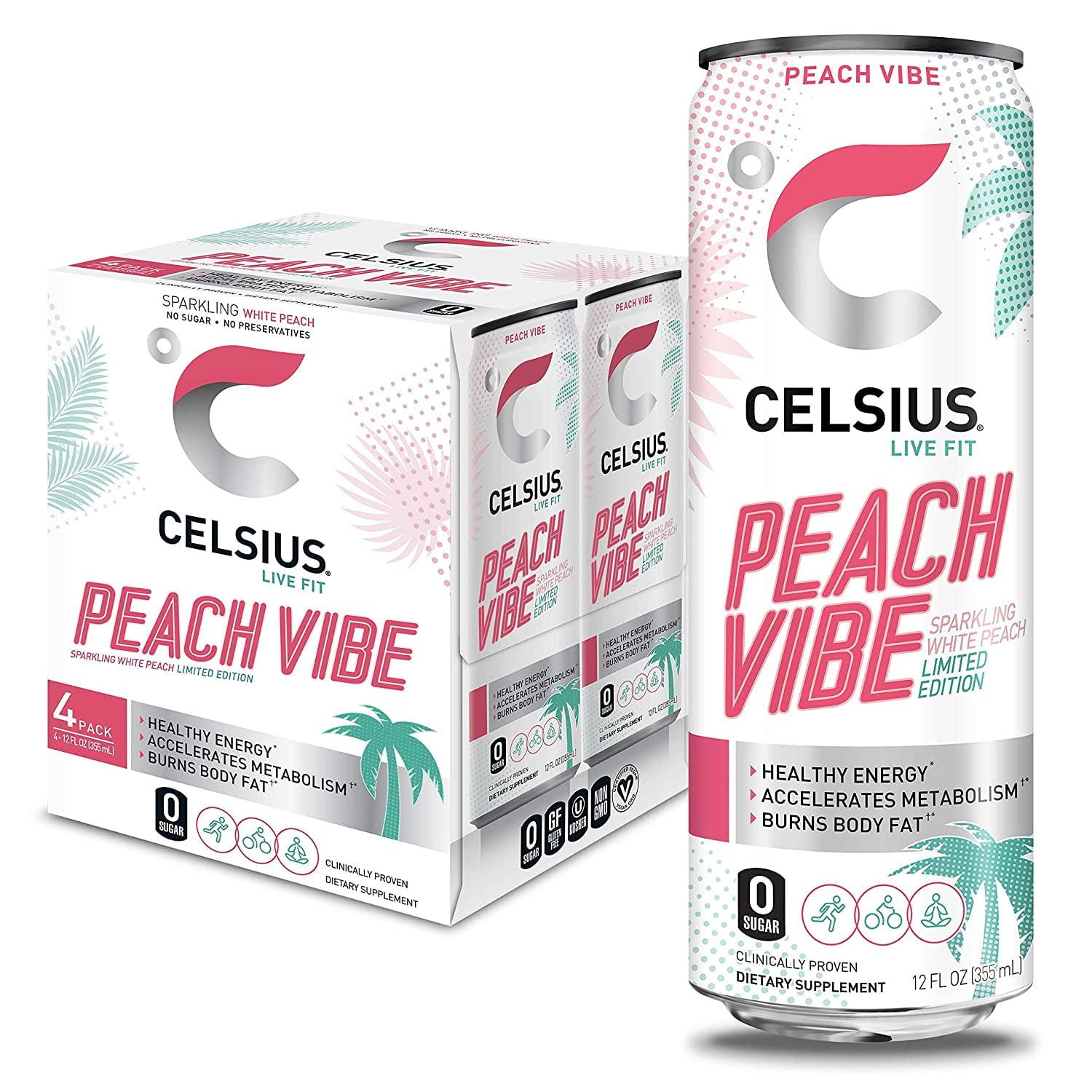 Celsius Essential Energy Drink 12 Fl Oz Sparkling Peach Vibe Pack Of