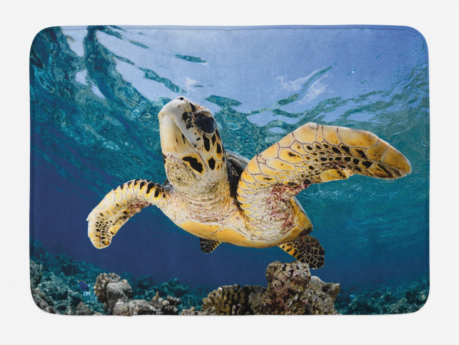 Turtle Bath Mat, Hawksbill Sea Turtle in Blue Lagoon of Ocean ...