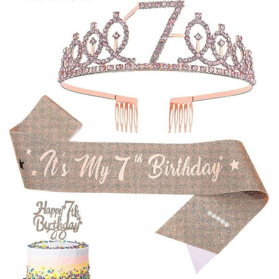 7th Birthday Sash, Tiara & Cake Topper Set - Pink Rhinestone Crown ...