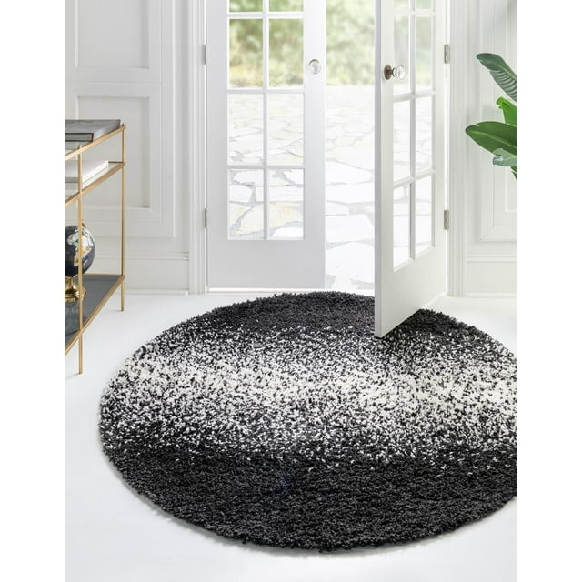Rugs.com Athena Shag Collection Rug – 5' 3 Round Black And White Shag ...
