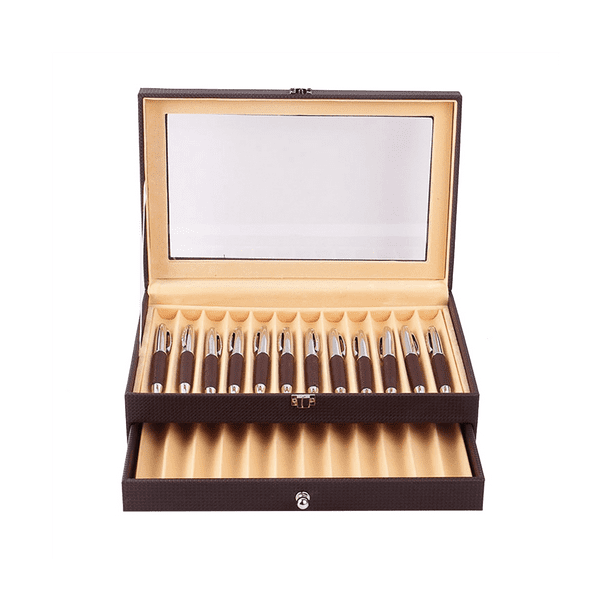 24 Slots Wooden Pen Display Storage Box Luxury 2 Layer PU Pen Case ...