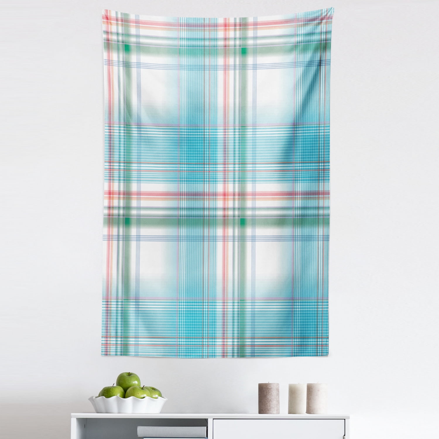 Checkered Tapestry, Pastel White Blue Checkered Pattern with Pink ...