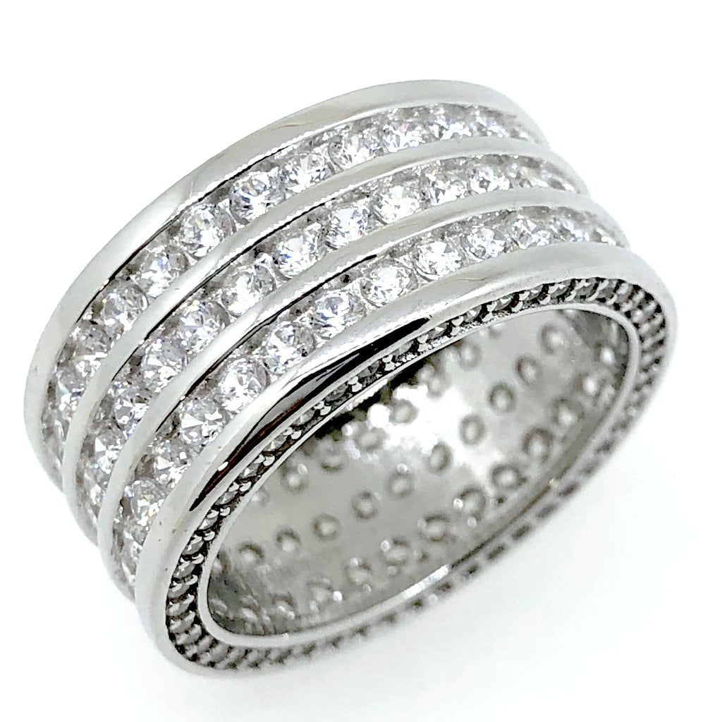 .925 Silver Triple Row CZ Eternity Band Bling Bling Ring in Rhodium ...