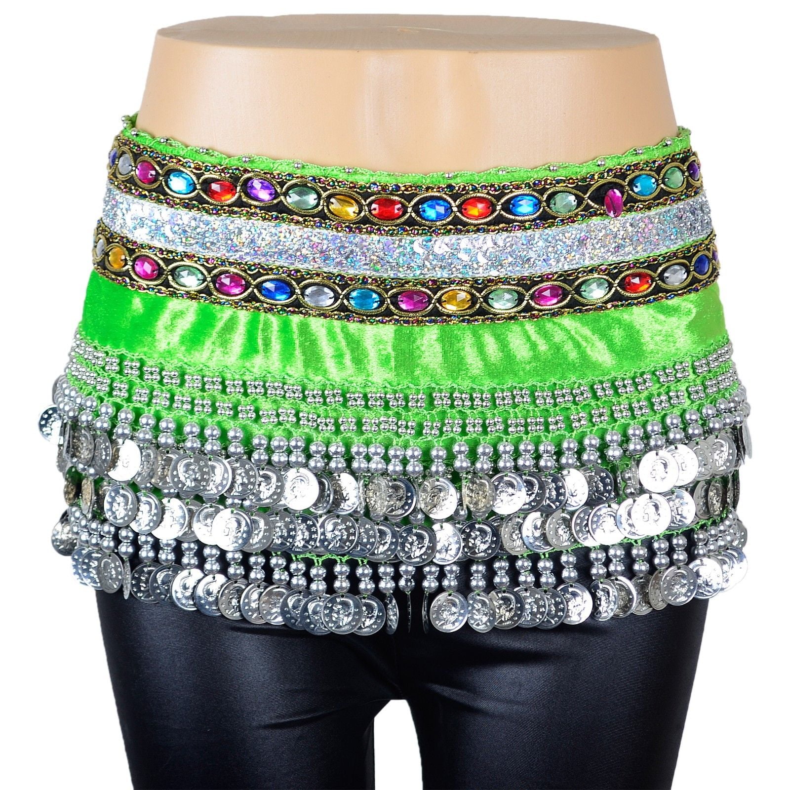 Velvet Belly Dance Hip Scarf With Silver Coins Faux Gemstone Sequins