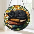 Black Cat on Book Stained Glass Suncatcher, Cozy Reading Window Hanging ...