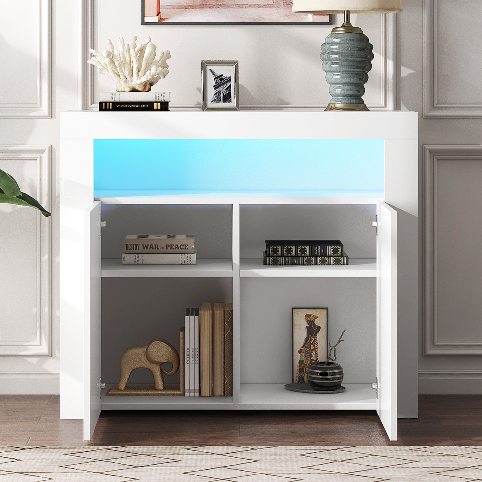 White Buffet Cabinet with LED Lights, High Gloss Kitchen Sideboard ...