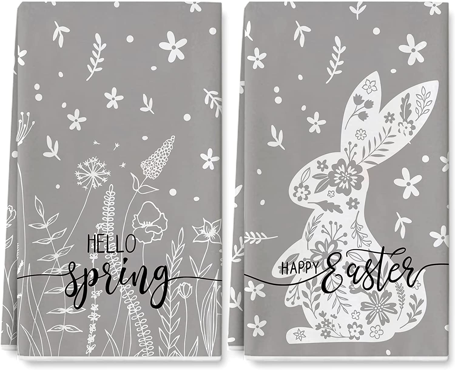 JOOCAR Easter Kitchen Towels, Hello Spring Farmhouse Gray Easter Bunny ...