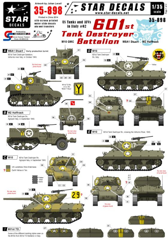 Star Decals 1:35 US 601st Tank Destroyer Battalion in Italy Stuart M2 ...