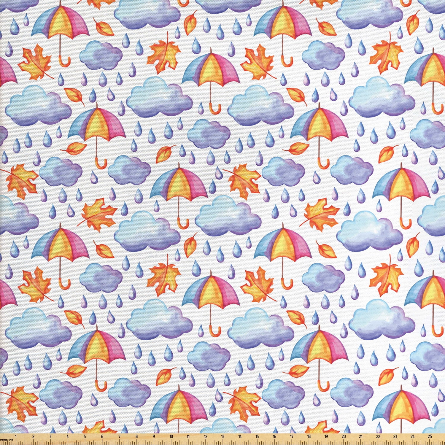Autumn Fabric by the Yard, Watercolor Look Rain Umbrella Clouds Pastel ...