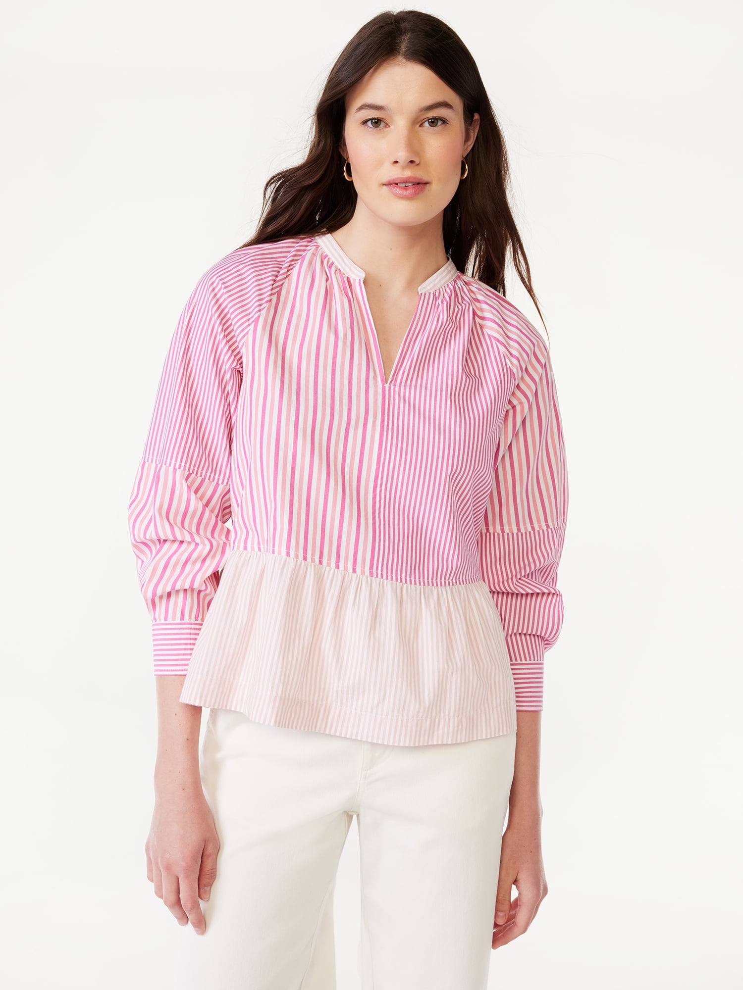 Free Assembly Women's V-Neck Peplum Top with Long Sleeves, Sizes XS ...