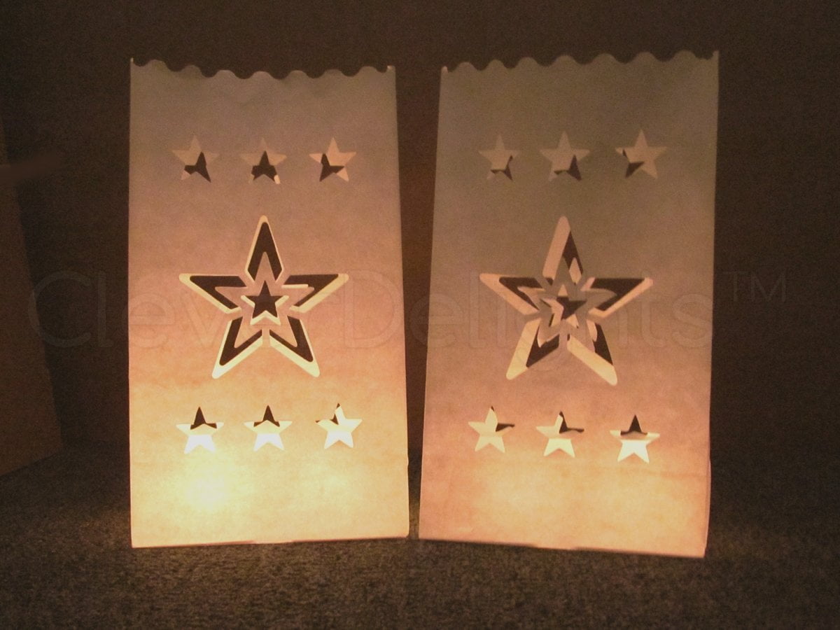 CleverDelights White Luminary Bags - 20 Count - Star Design - Flame ...