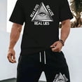 Black Mens Casual Print T-Shirt And Shorts Two-Piece Set, Round Neck ...