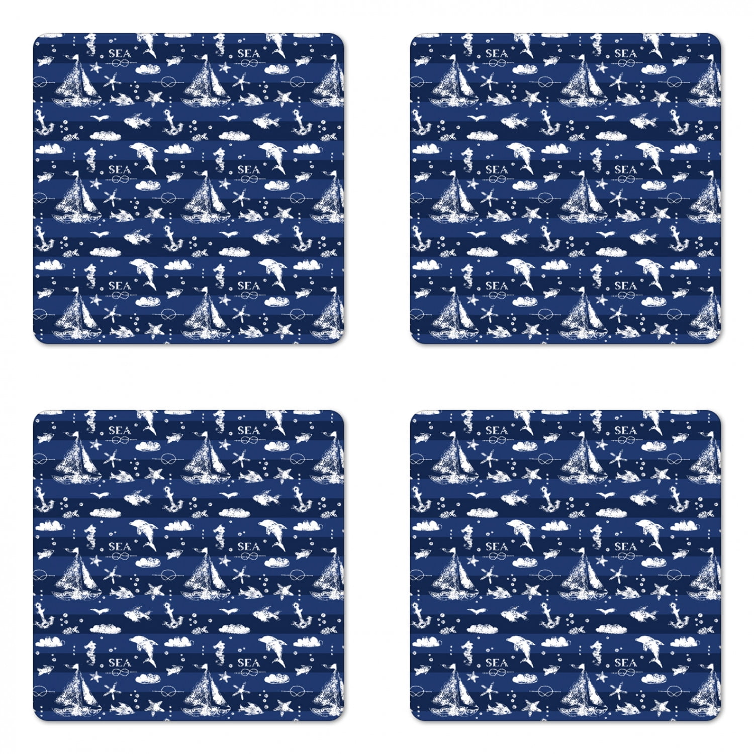 Navy Blue Coaster Set of 4, Sailboat Vertical Stripe Pattern Anchor ...