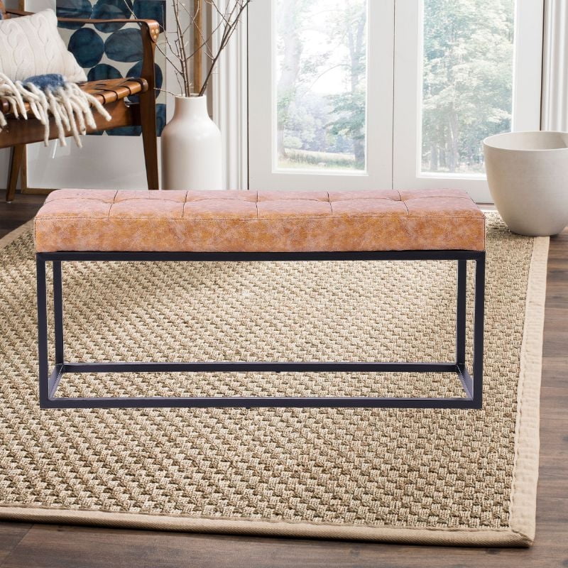 Oli PU Bench in Tan, Stainless Steel Bench, Distressed Finish Leather ...