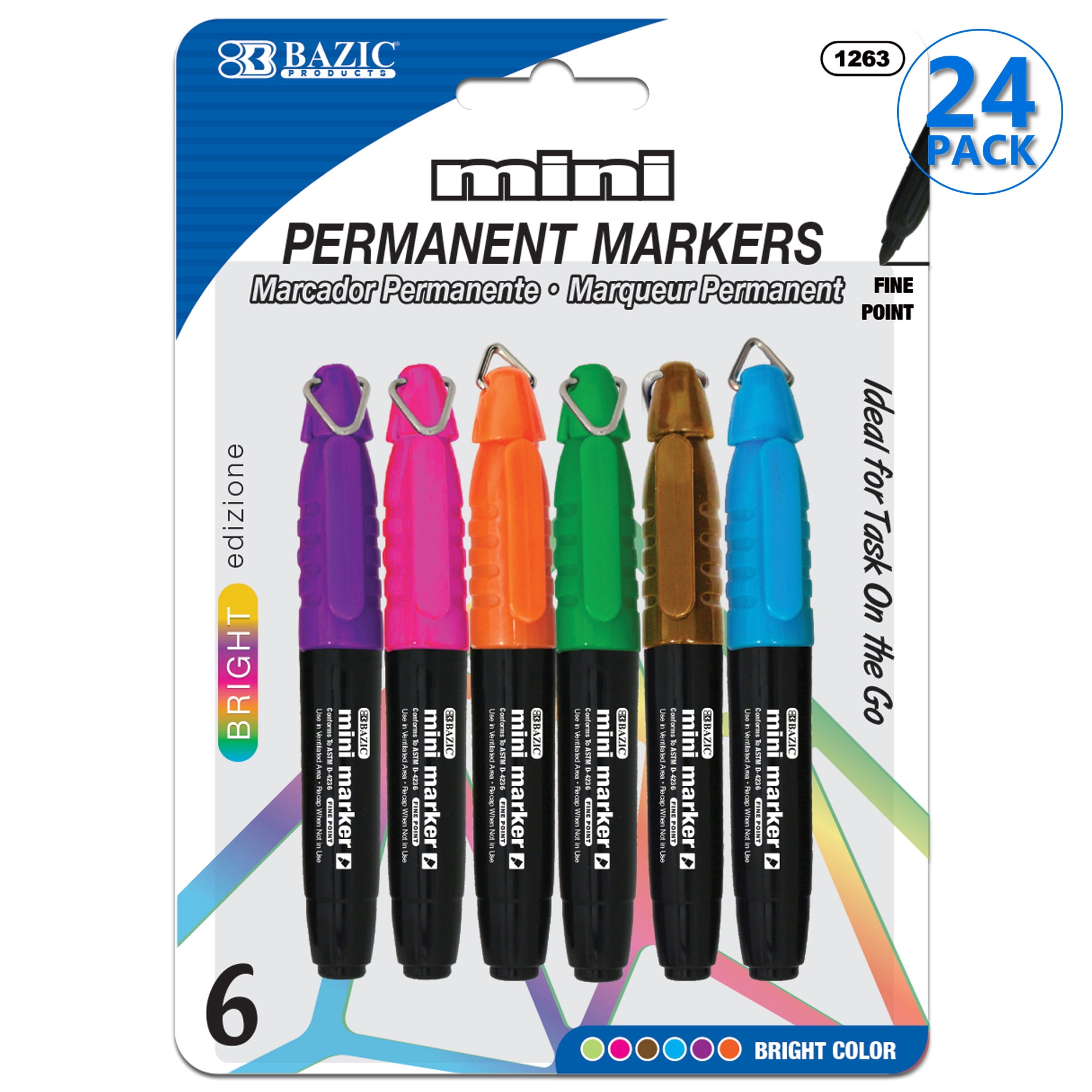 BAZIC Permanent Marker Fine Line, Mini Assorted Color Markers (5/Pack ...