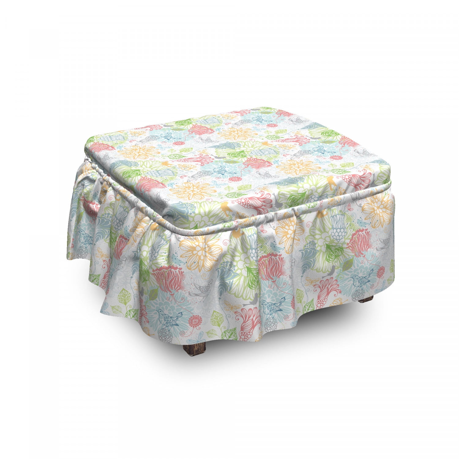 Doodle Ottoman Cover, Trace Style Flora Fauna, 2 Piece Slipcover Set ...