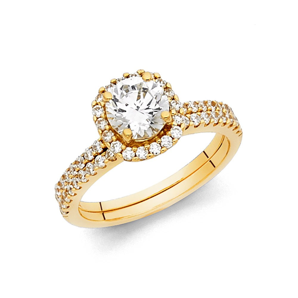 14k Yellow Italian Solid Gold Round CZ Halo Wedding Ring Duo Set ...