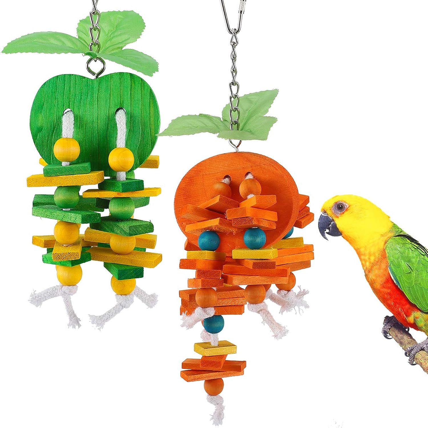 Holzlrgus 2 Pack Natural Wood Block Parrot Chew Toys- Orange&Apple ...