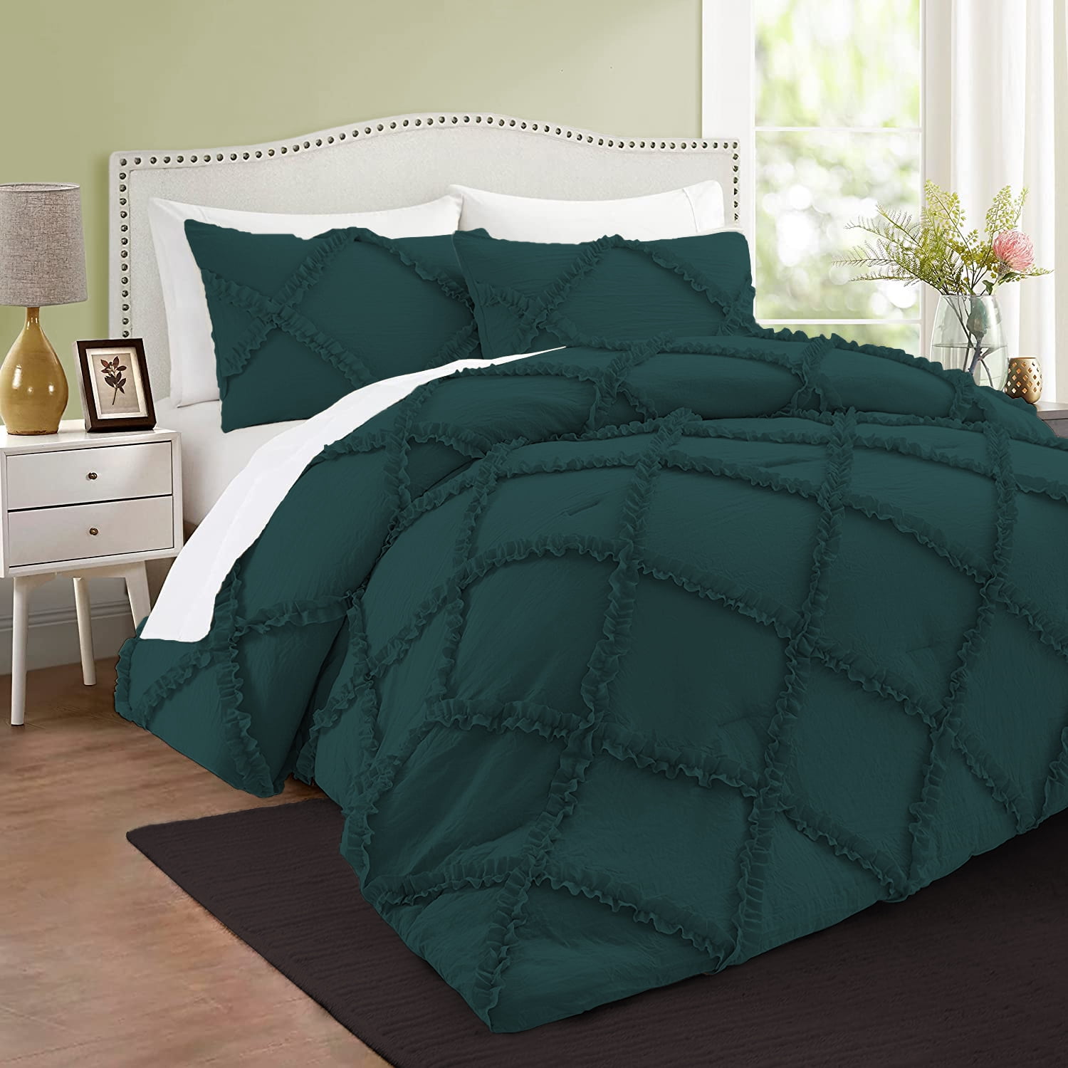BedDecor 3 PC Luxury Diamond Ruffle "Teal, Oversize King" 800 TC 100% ...
